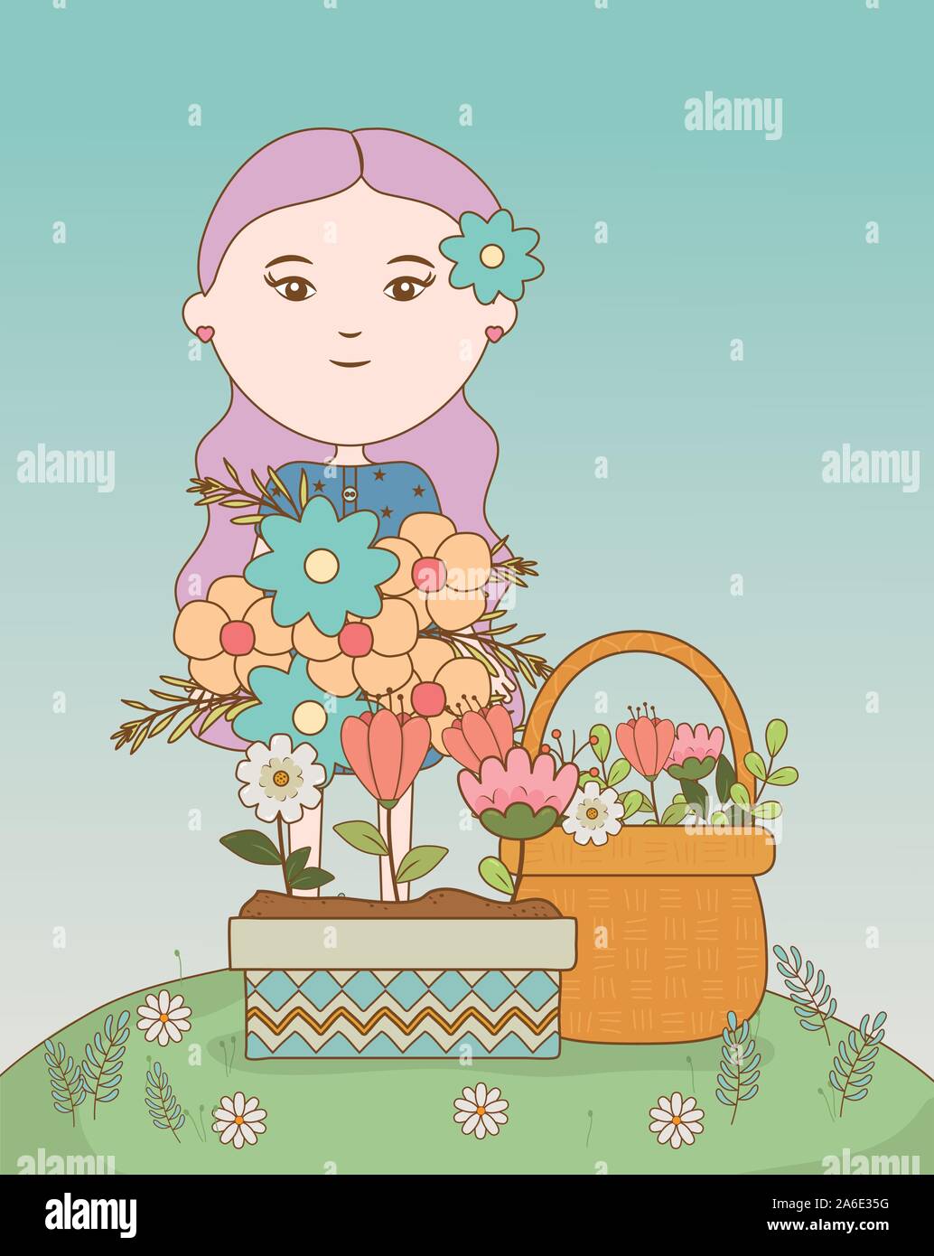 girl with bouquet flowers in pot basket field cartoon vector ...