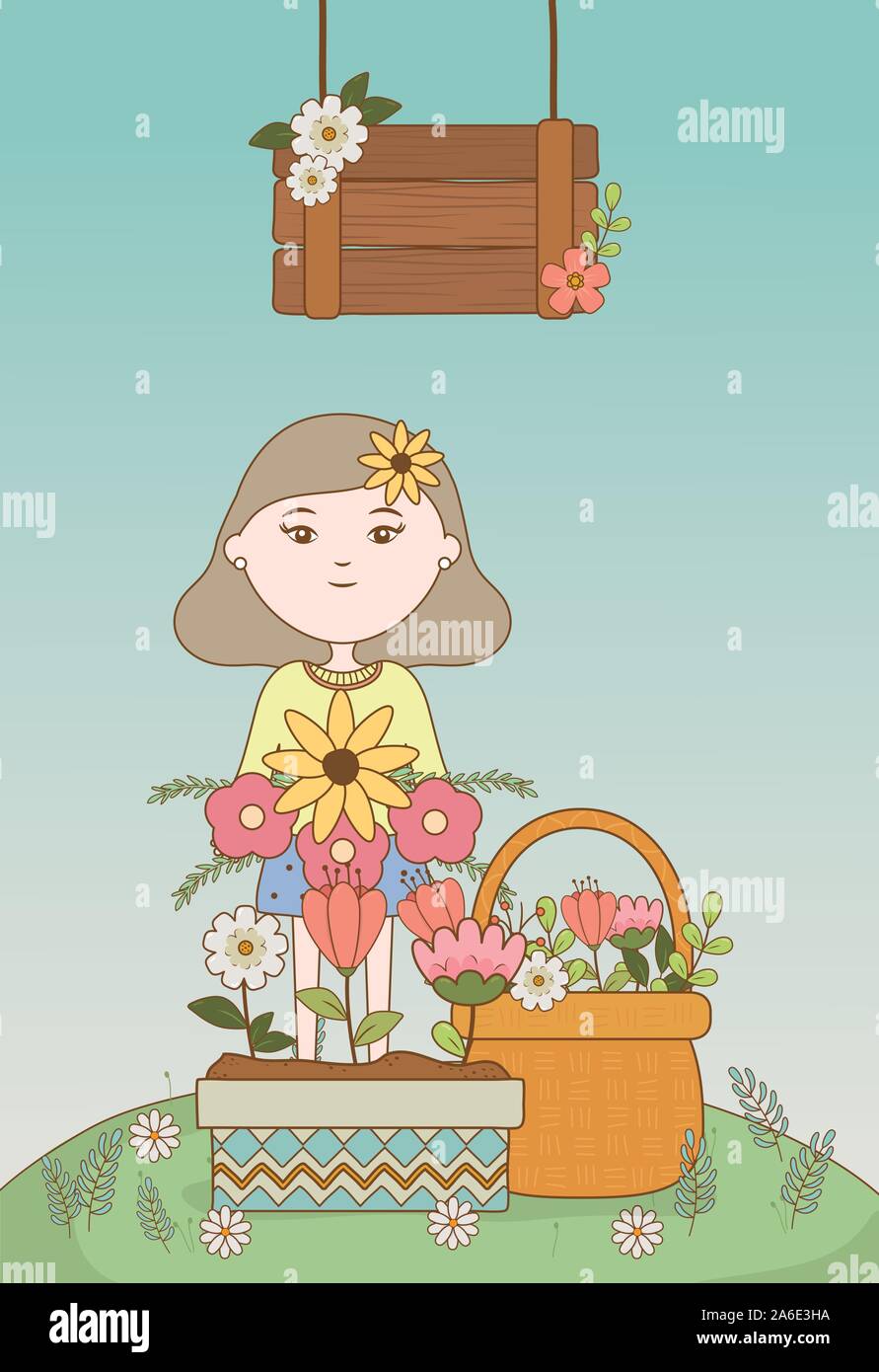 girl with bouquet flowers in pot basket and wooden board field cartoon ...