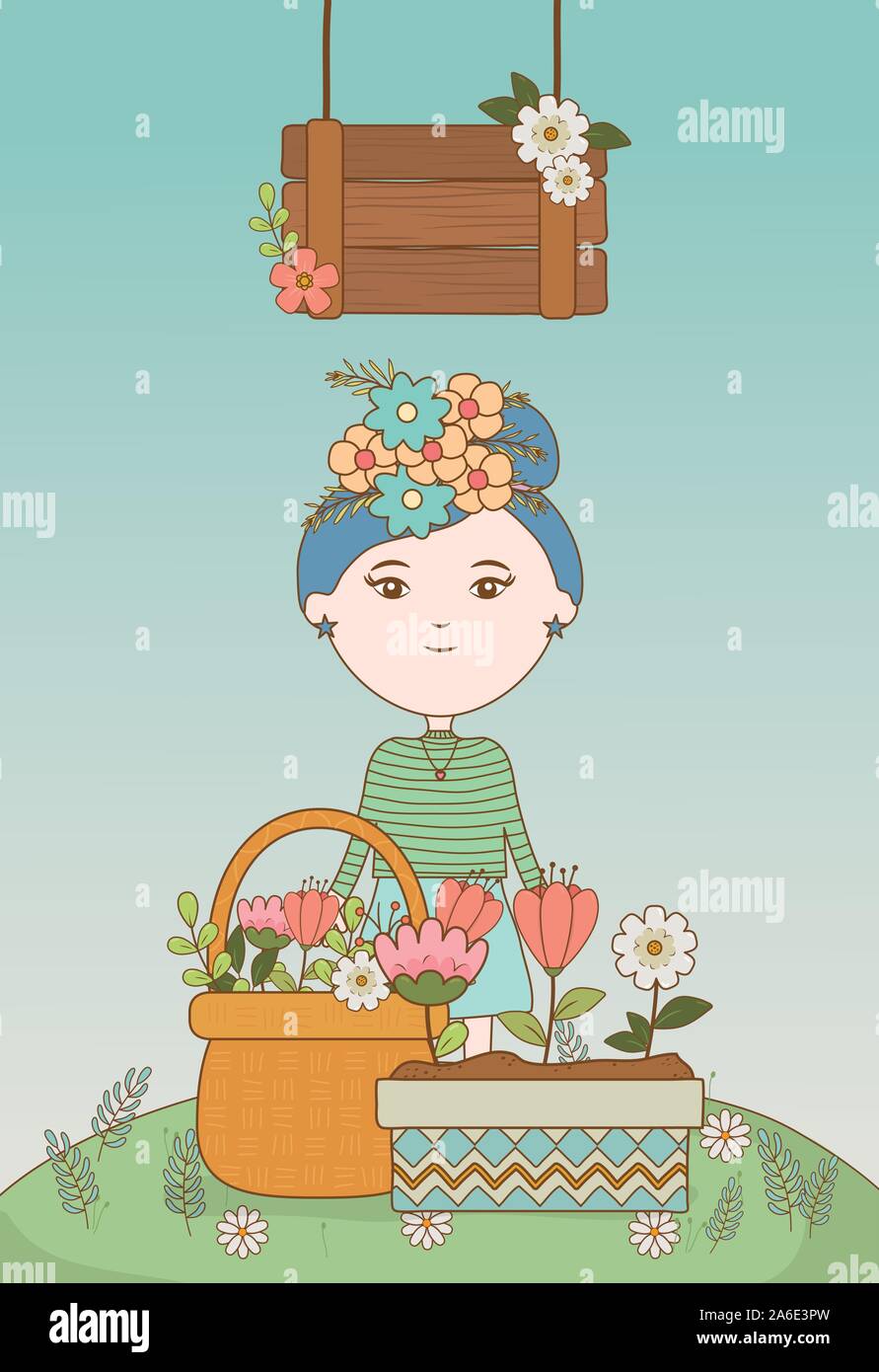 girl potted flowers basket and board in the field cartoon vector ...