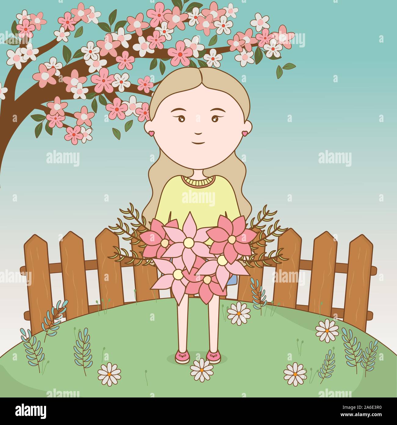 girl bouquet flowers fence garden tree field cartoon vector ...