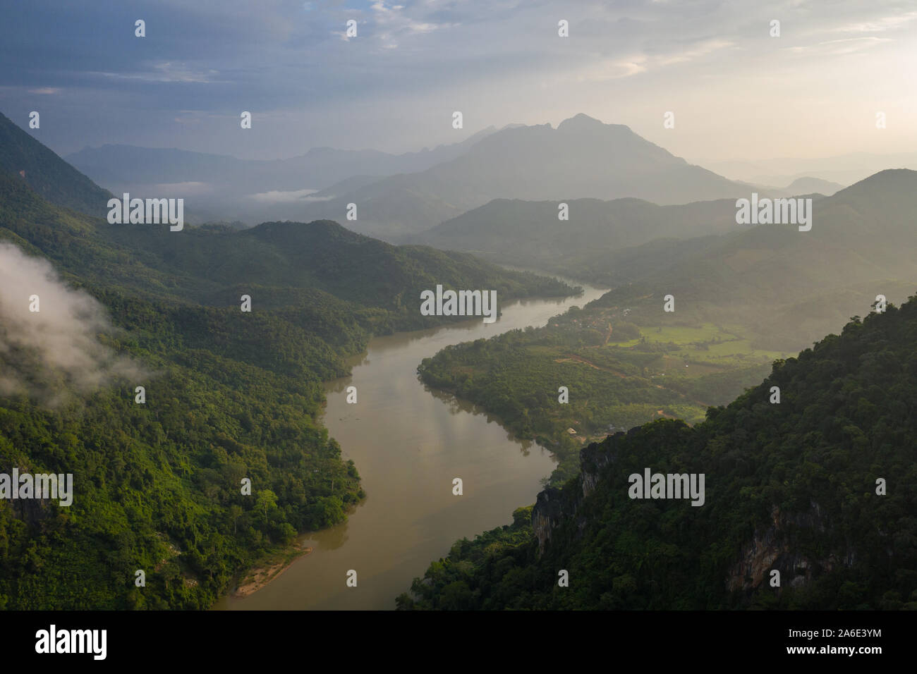 Aerial view of mountains and river Nong Khiaw. North Laos. Southeast ...