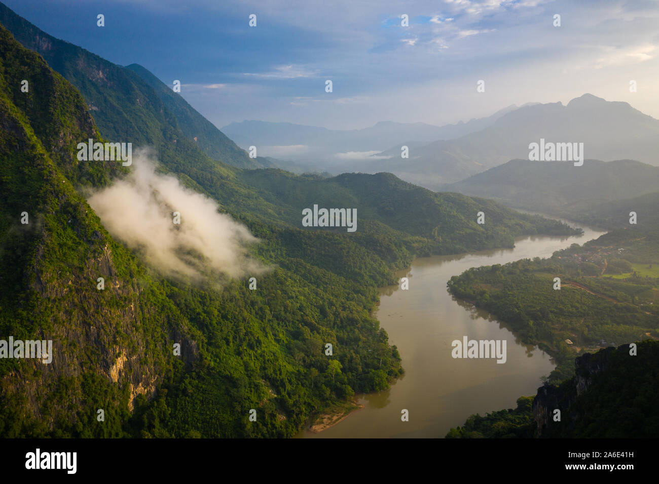 Aerial view of mountains and river Nong Khiaw. North Laos. Southeast ...