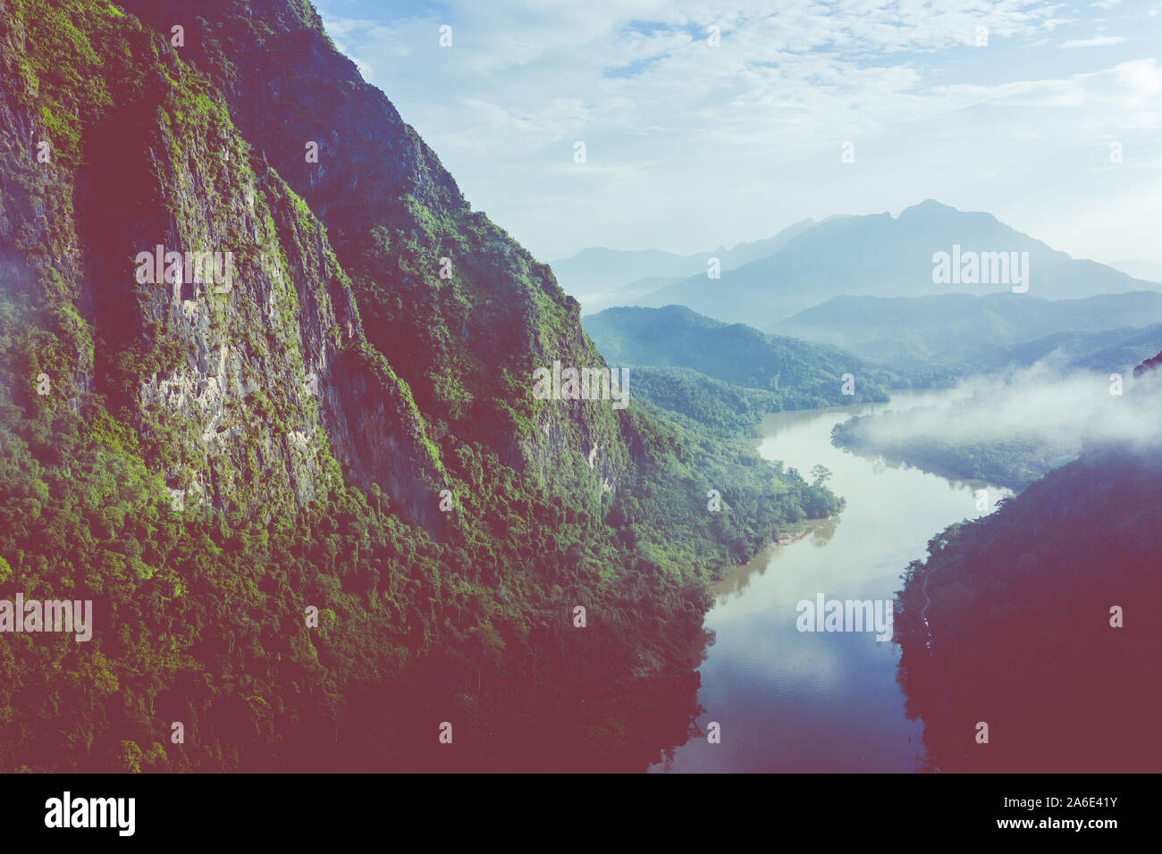 Aerial view of mountains and river Nong Khiaw. North Laos. Southeast ...