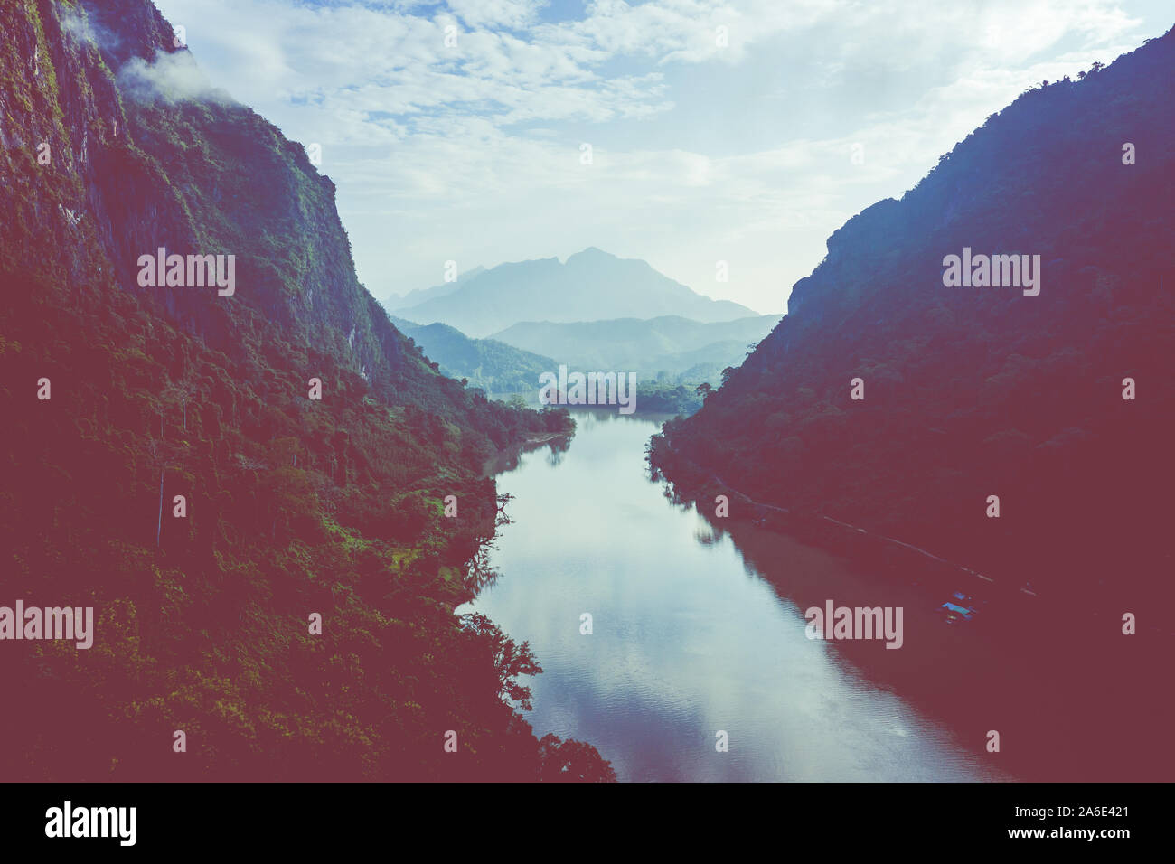 Aerial view of mountains and river Nong Khiaw. North Laos. Southeast ...