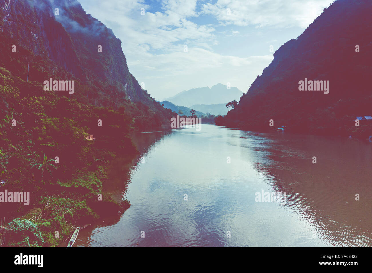 Aerial view of mountains and river Nong Khiaw. North Laos. Southeast ...