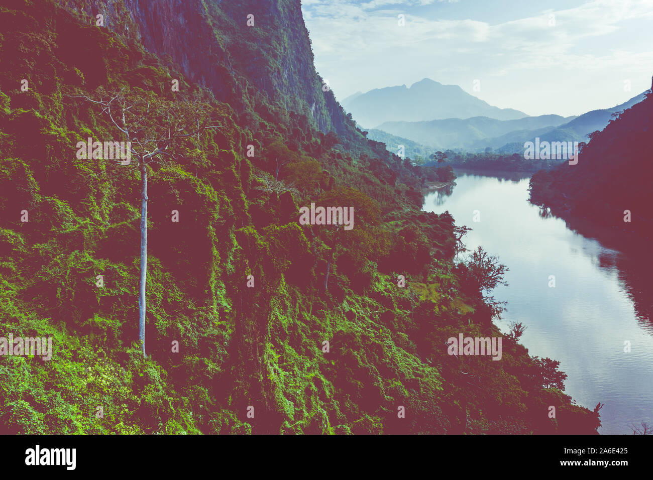 Aerial view of mountains and river Nong Khiaw. North Laos. Southeast ...