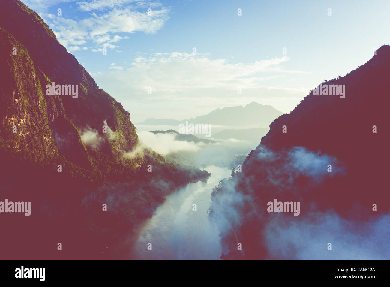 Aerial view of mountains and river Nong Khiaw. North Laos. Southeast ...
