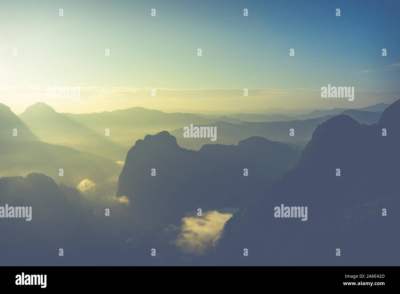 Aerial view of sunset in Nong Khiaw. North Laos. Southeast Asia. Photo ...