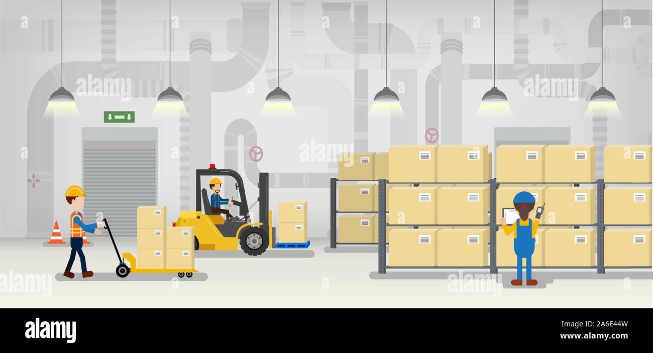 Warehouse in process with workers working flat design vector ...