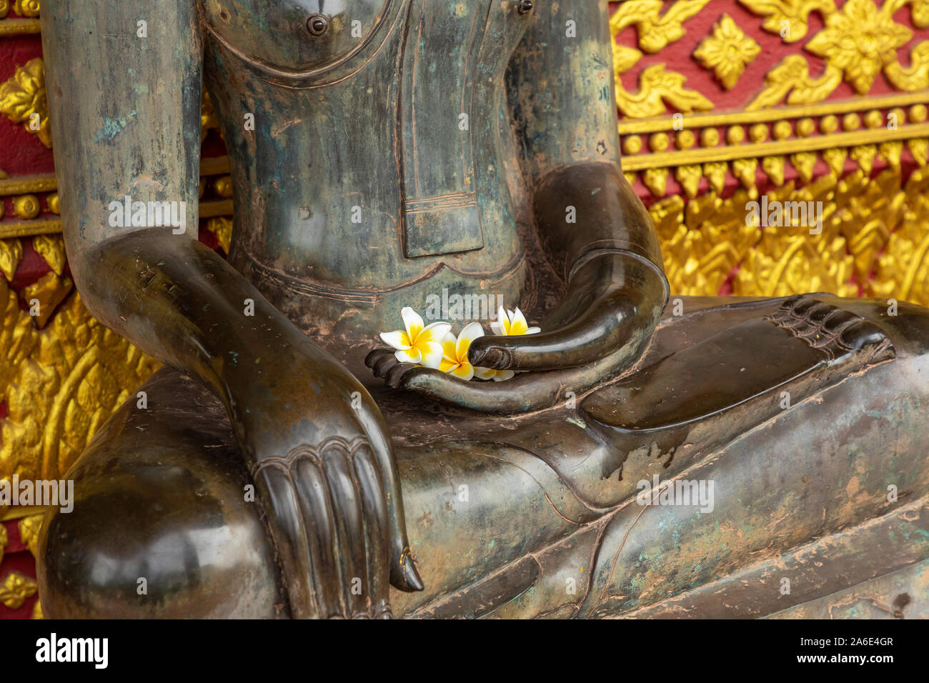 Hand of buddha statue with flover on the lap of buddha. Believe ...