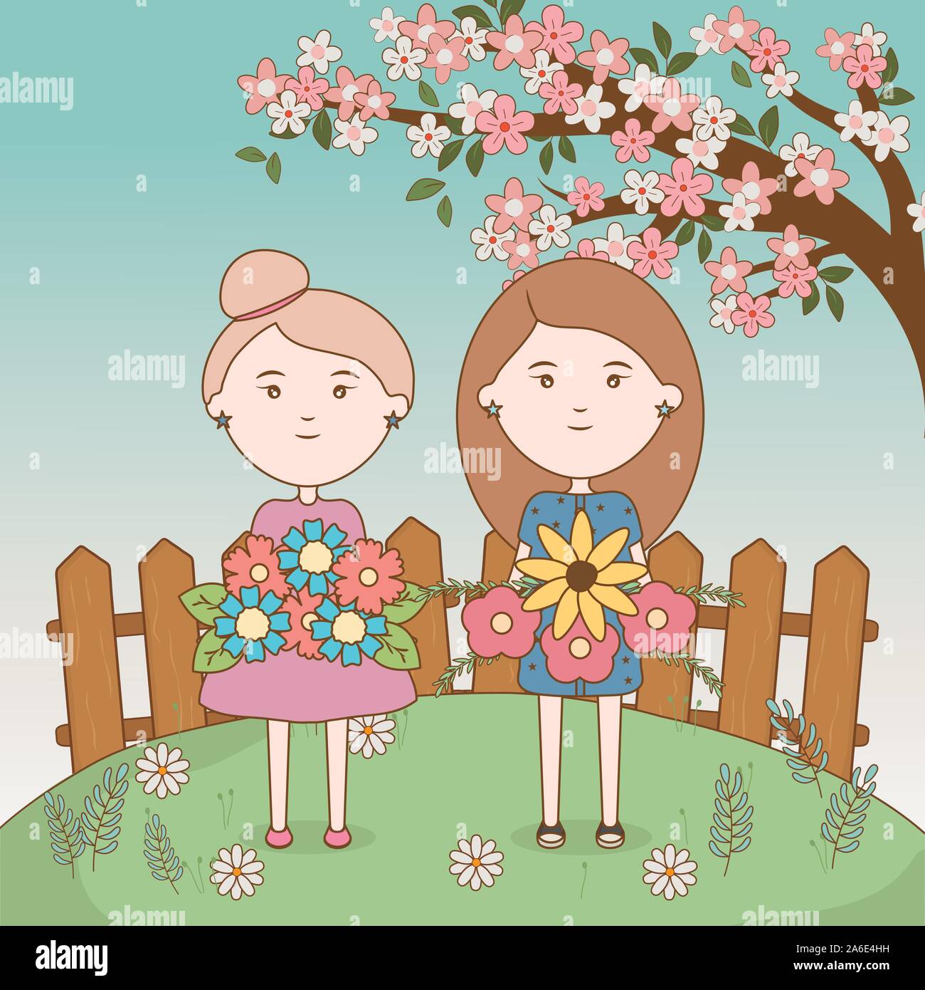girls tree floral branch flowers bouquets cartoon vector illustration ...