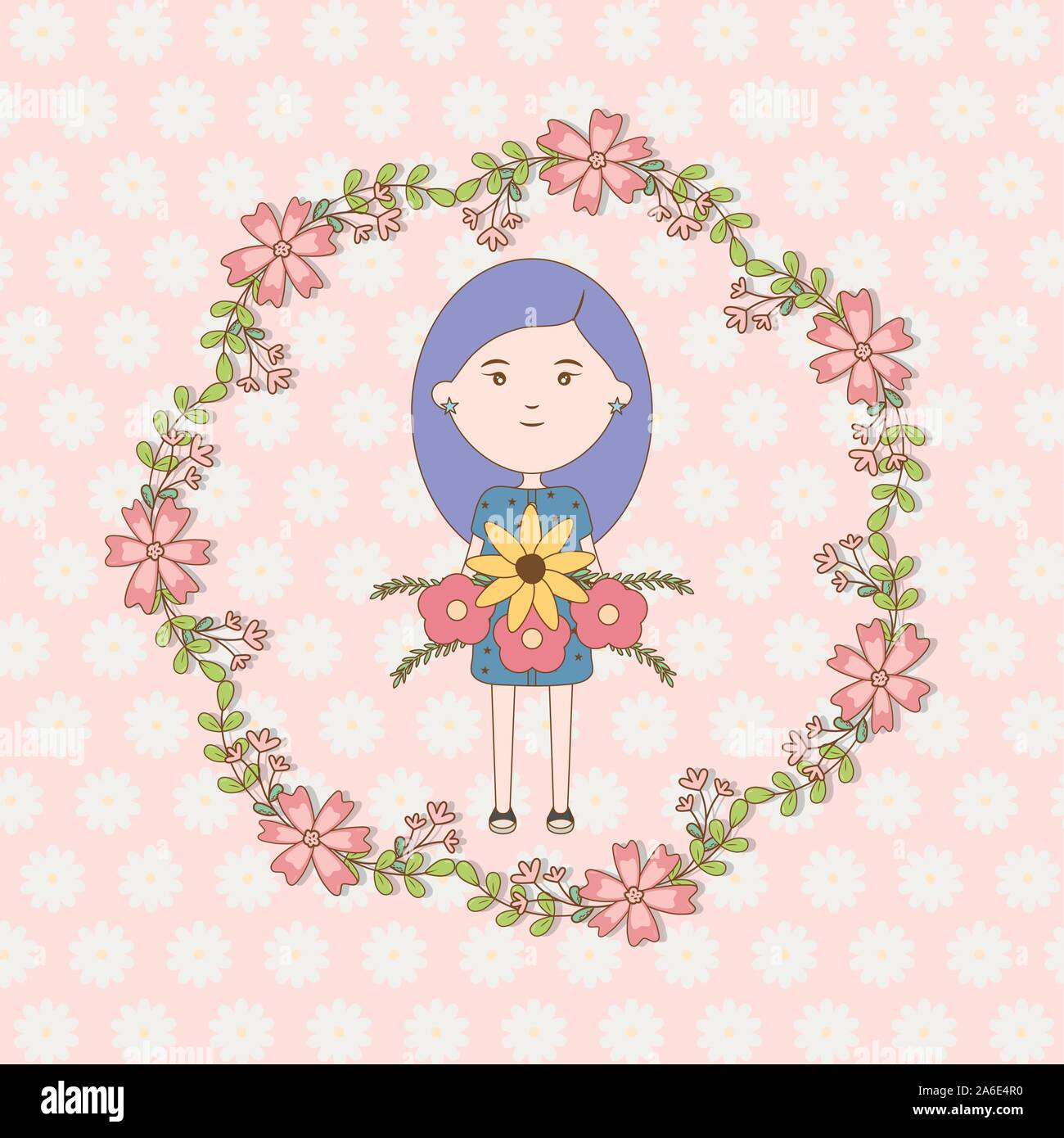 girl with bouquet wreath of flowers cartoon vector illustration Stock ...