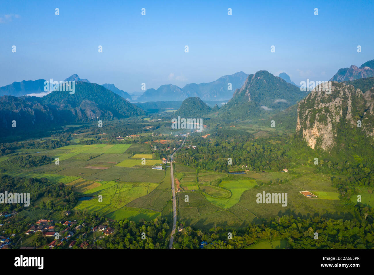 Aerial view of village Vang Vieng and Nam Song river , Laos. Southeast ...