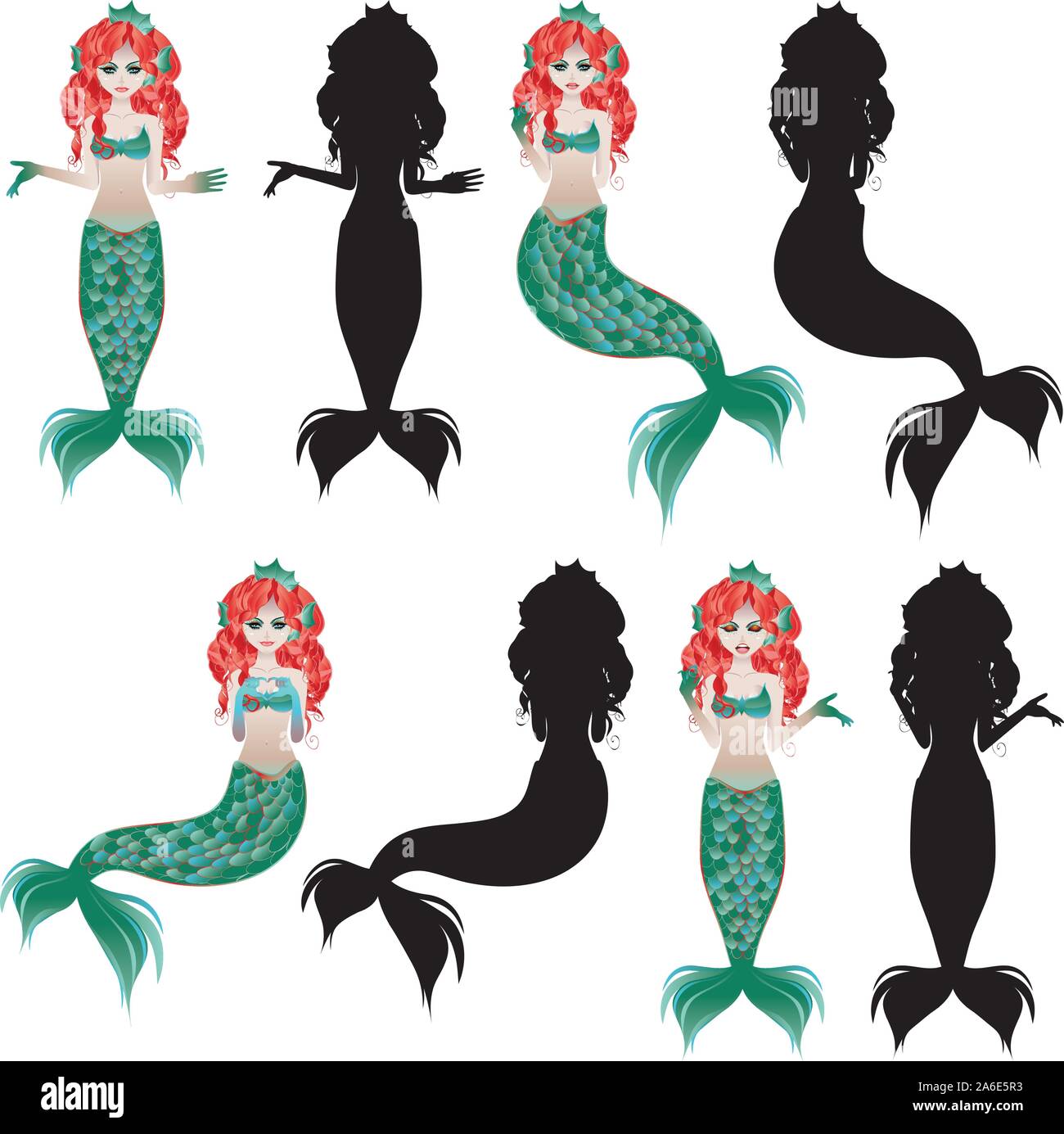 Cute cartoon mermaid with red hair and green tail Stock Vector Image ...