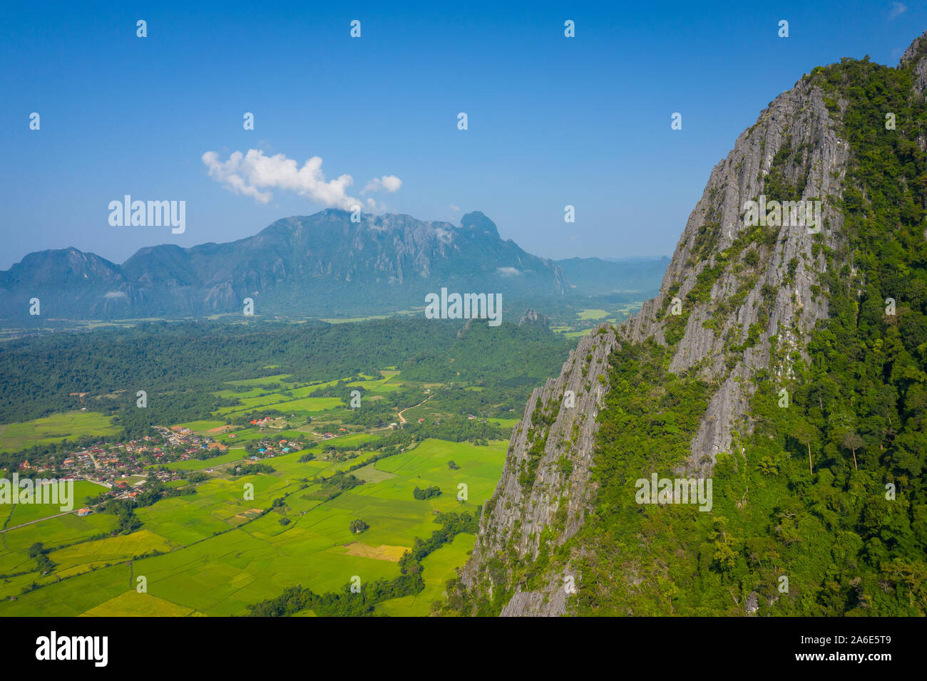 Aerial view of beautiful landscapes at Vang Vieng , Laos. Southeast ...
