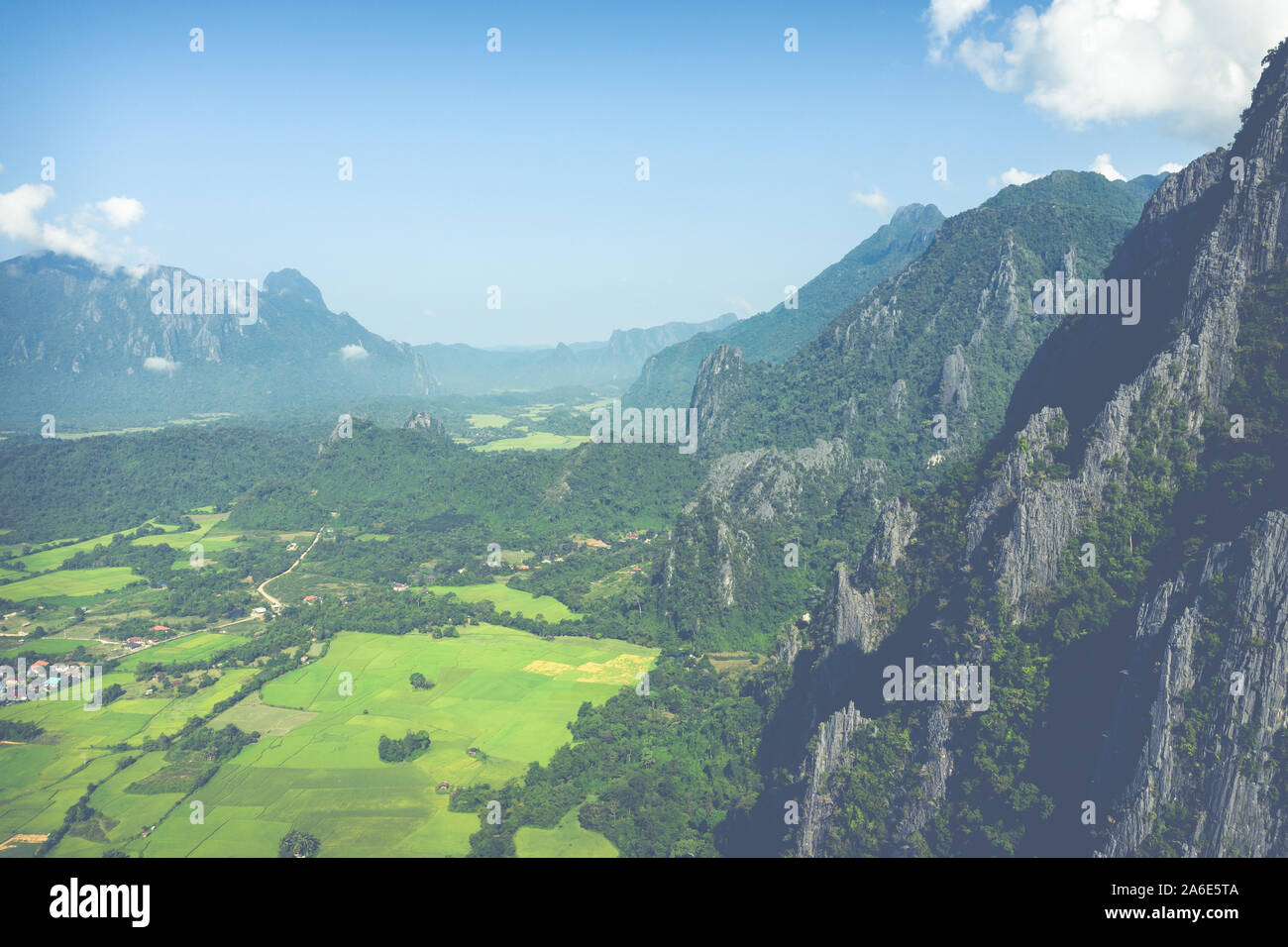 Aerial view of beautiful landscapes at Vang Vieng , Laos. Southeast ...