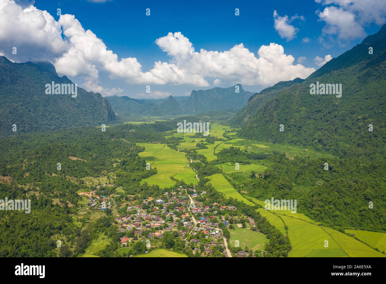 Aerial view of beautiful landscapes at Vang Vieng , Laos. Southeast ...