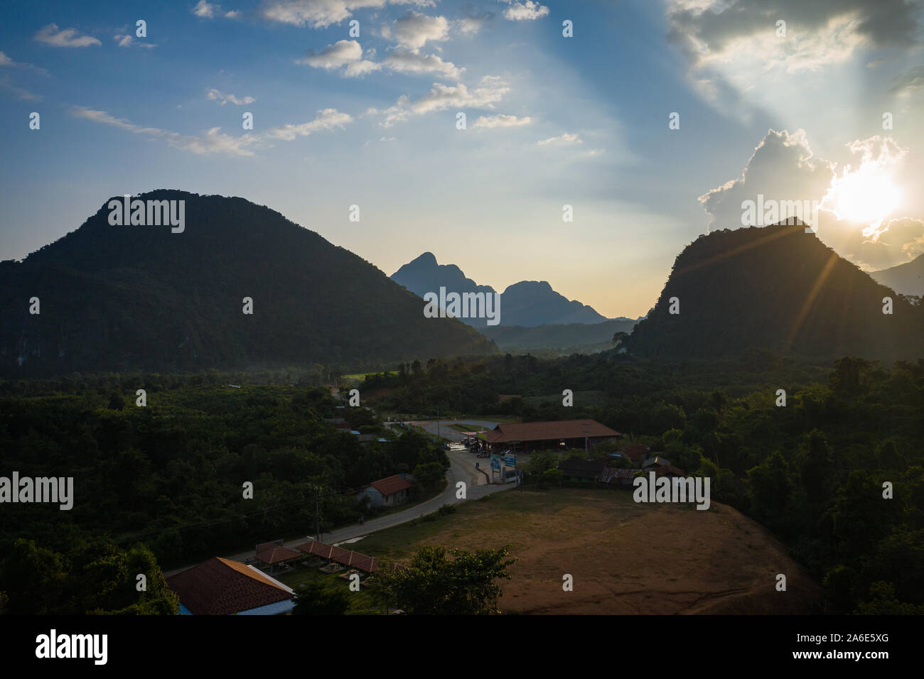 Aerial view of beautiful sunset at Vang Vieng , Laos. Southeast Asia ...