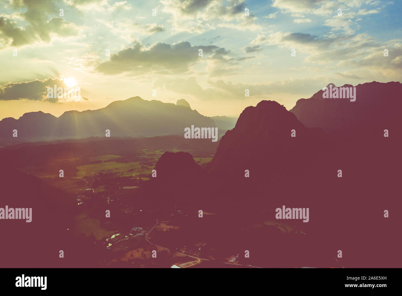 Aerial view of beautiful sunset at Vang Vieng , Laos. Southeast Asia ...