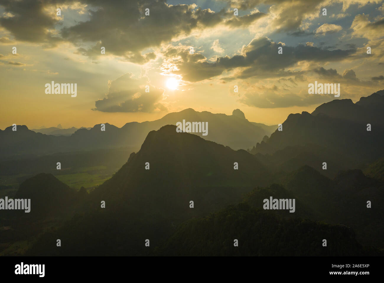 Aerial view of beautiful sunset at Vang Vieng , Laos. Southeast Asia ...