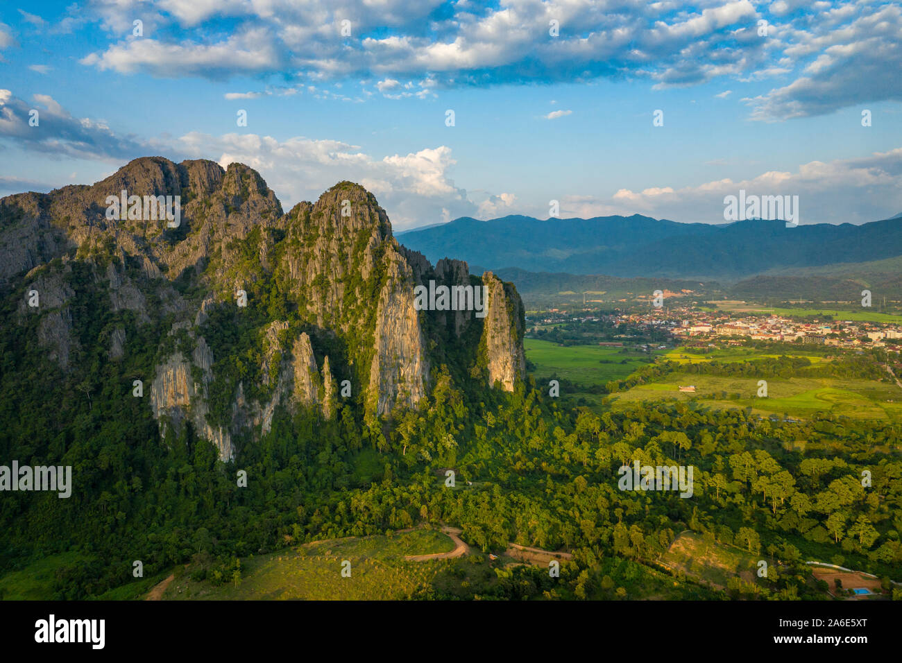 Aerial view of beautiful landscapes at Vang Vieng , Laos. Southeast ...