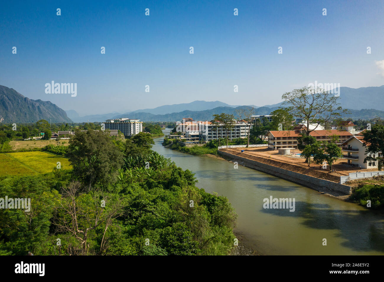 Aerial view of village Vang Vieng and Nam Song river , Laos. Southeast ...