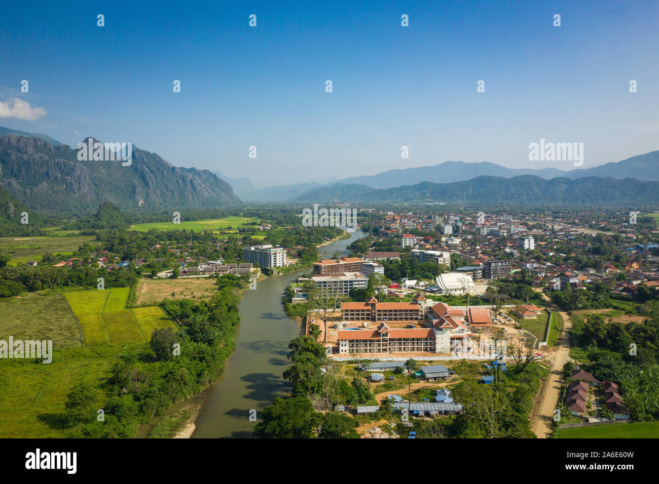 Aerial view of village Vang Vieng and Nam Song river , Laos. Southeast ...