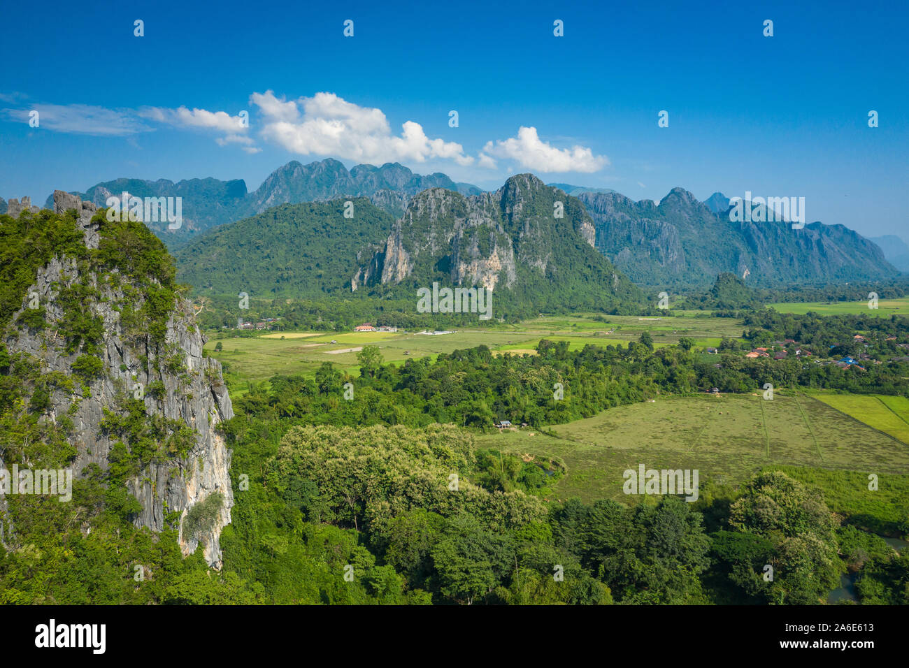 Aerial view of beautiful landscapes at Vang Vieng , Laos. Southeast ...