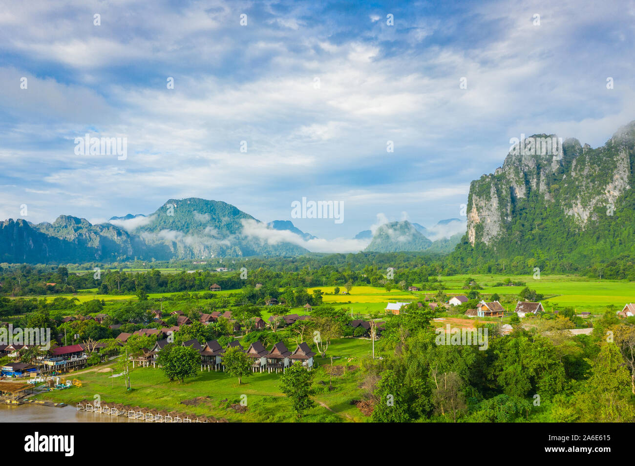 Aerial view of beautiful landscapes at Vang Vieng , Laos. Southeast ...