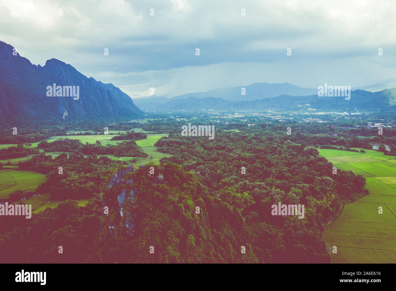 Aerial view of village Vang Vieng and Nam Song river , Laos. Southeast ...