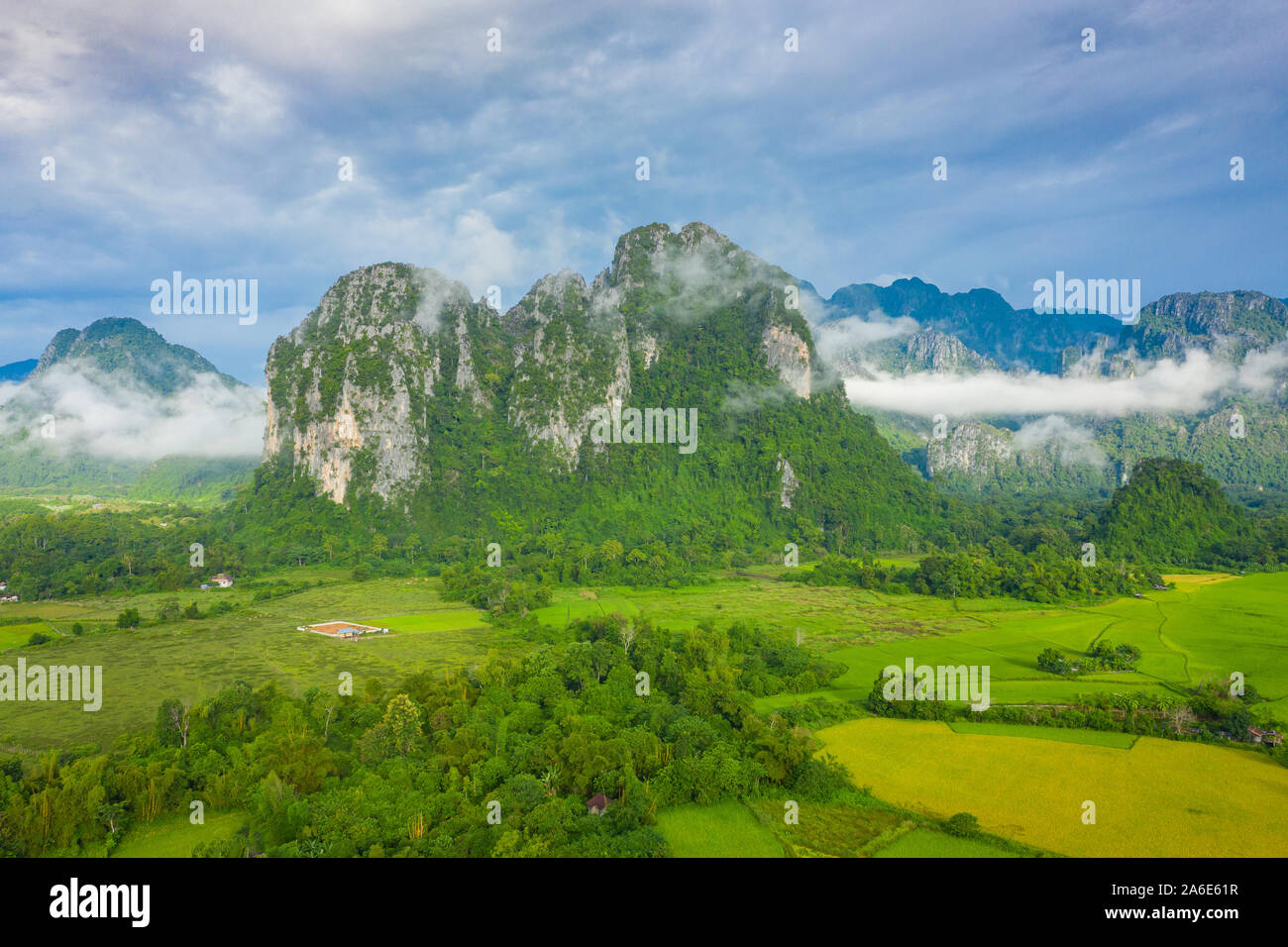 Aerial view of beautiful landscapes at Vang Vieng , Laos. Southeast ...