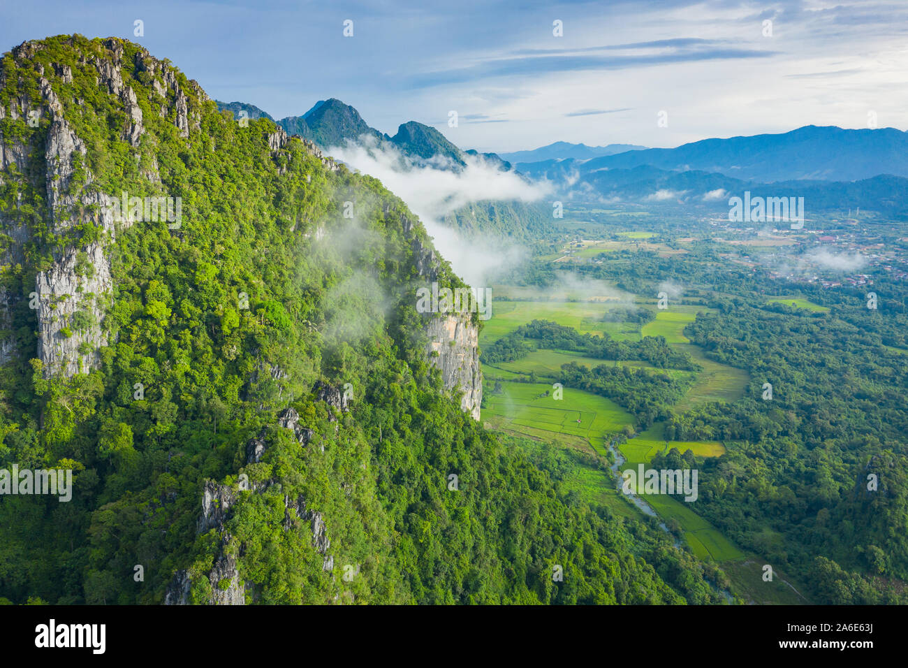 Aerial view of beautiful landscapes at Vang Vieng , Laos. Southeast ...