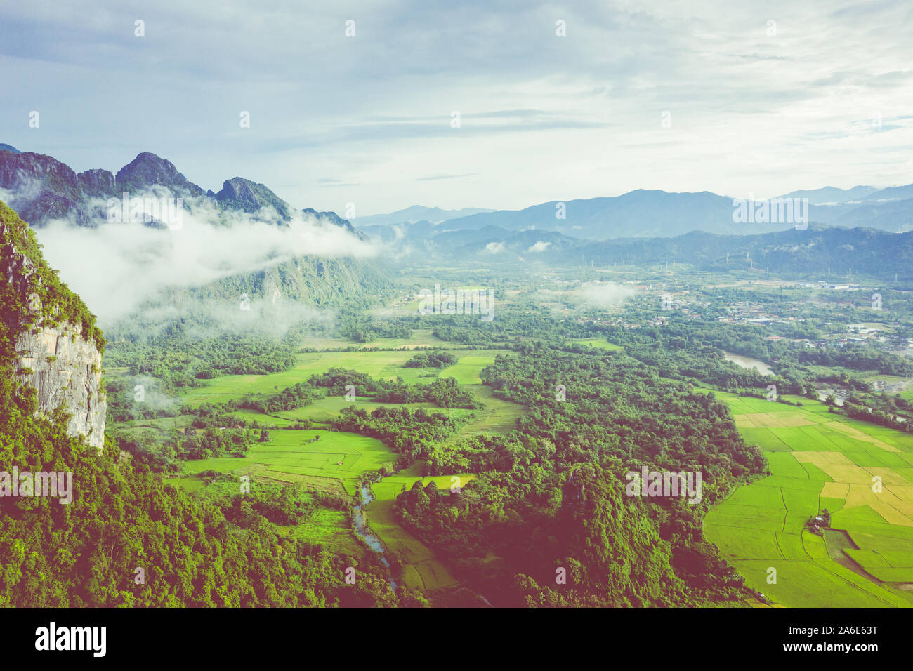 Aerial view of beautiful landscapes at Vang Vieng , Laos. Southeast ...