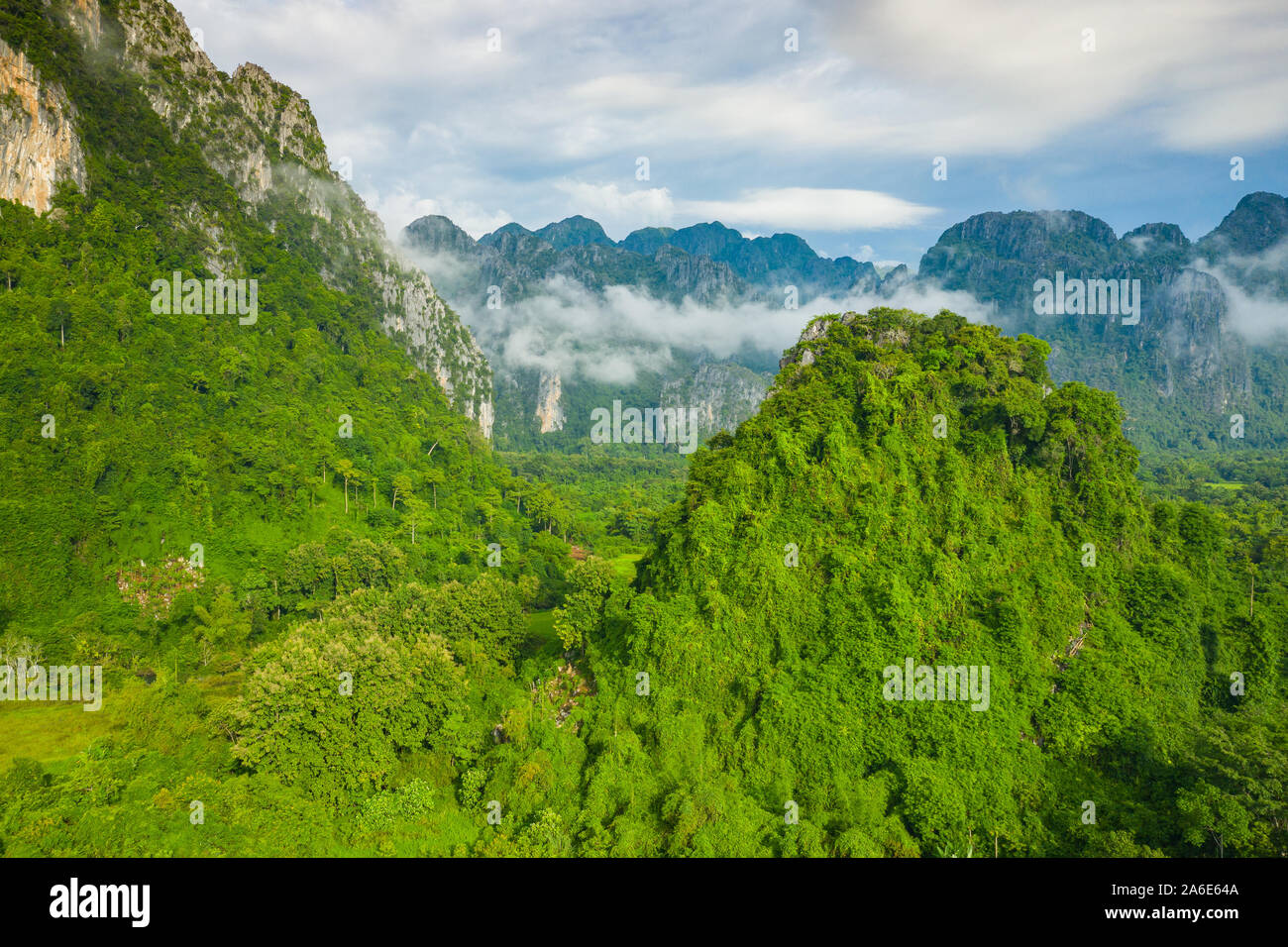 Aerial view of beautiful landscapes at Vang Vieng , Laos. Southeast ...