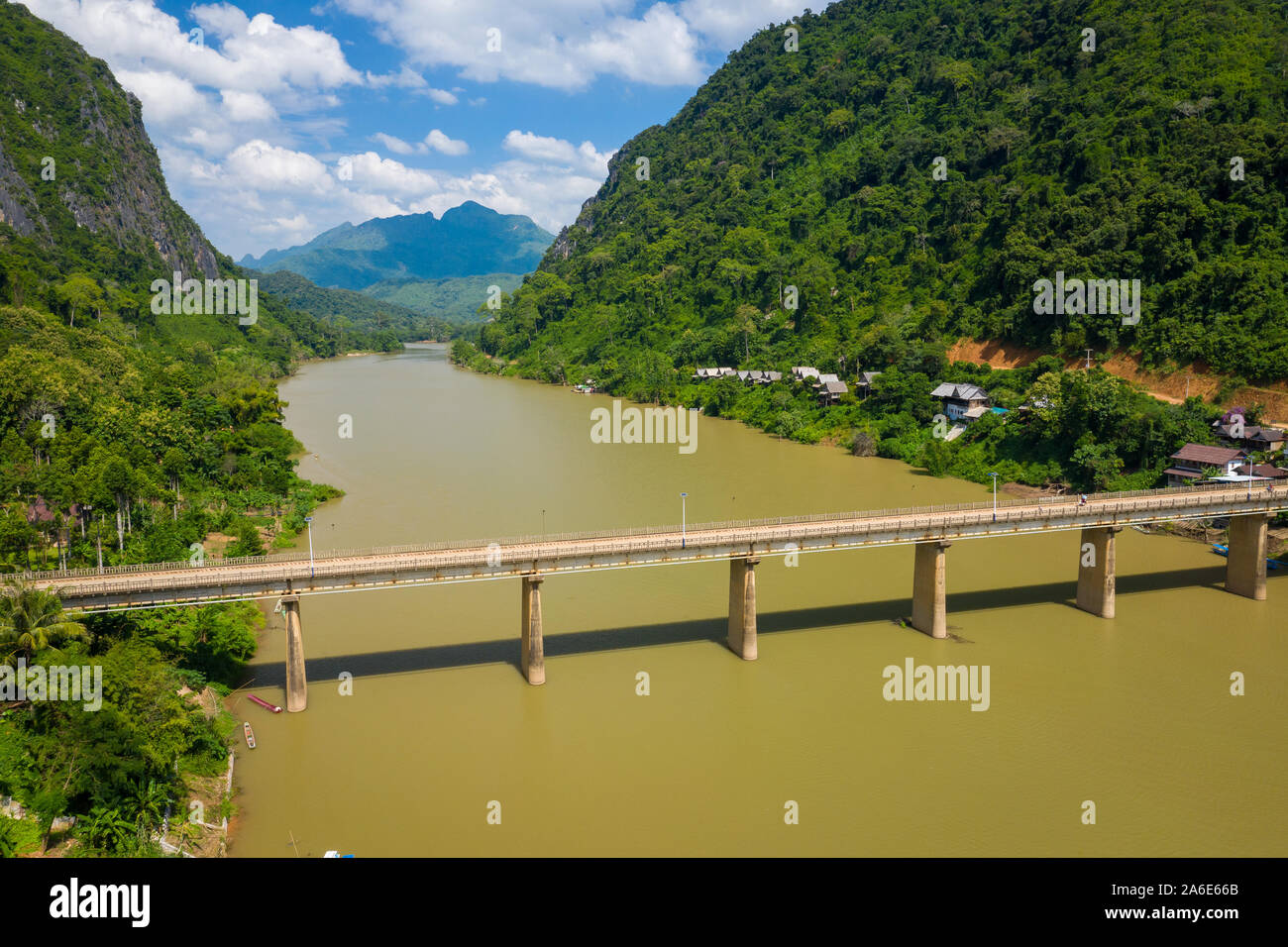 Aerial view of mountains and river Nong Khiaw. North Laos. Southeast ...