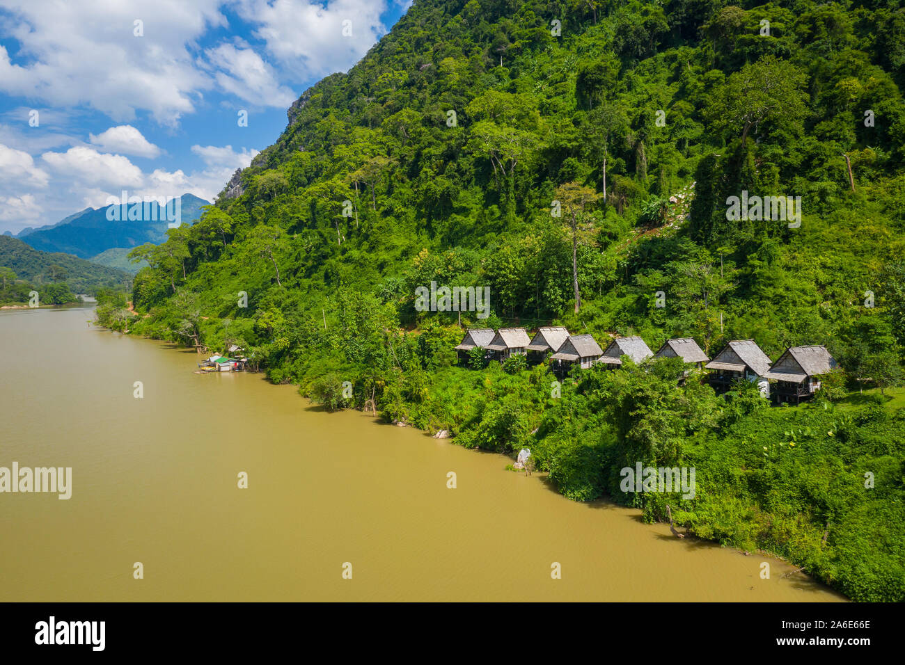 Aerial view of mountains and river Nong Khiaw. North Laos. Southeast ...