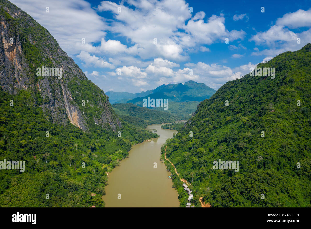 Aerial view of mountains and river Nong Khiaw. North Laos. Southeast ...