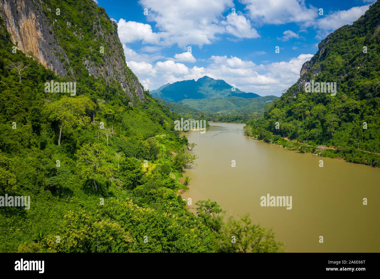 Aerial view of mountains and river Nong Khiaw. North Laos. Southeast ...