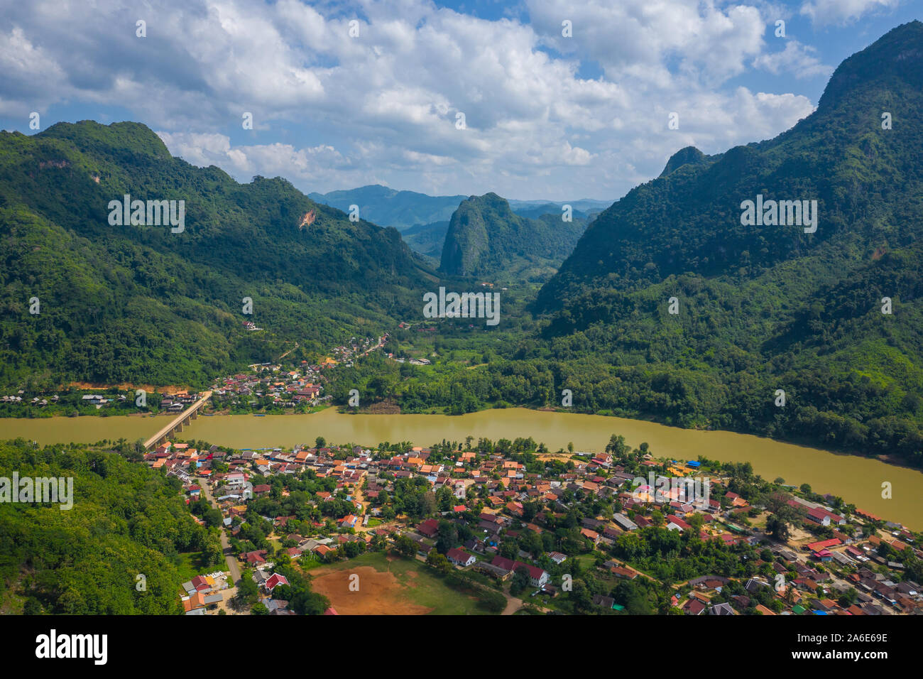 Aerial view of village of Nong Khiaw. North Laos. Southeast Asia. Photo ...