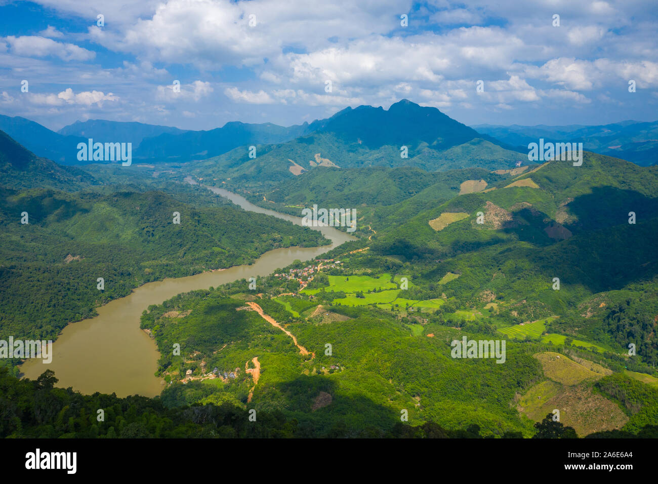 Aerial view of mountains and river Nong Khiaw. North Laos. Southeast ...