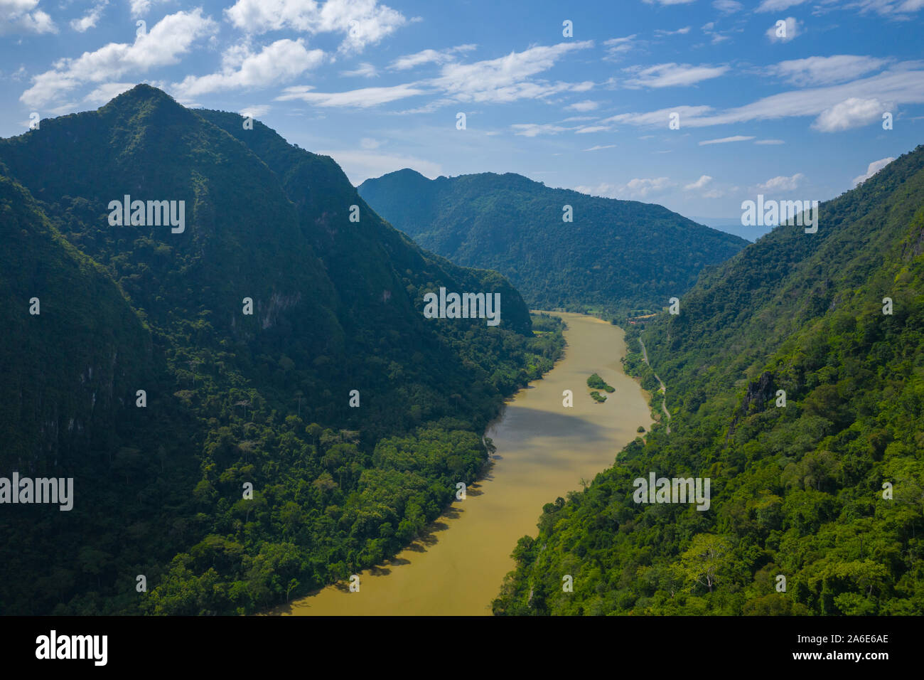 Aerial view of mountains and river Nong Khiaw. North Laos. Southeast ...