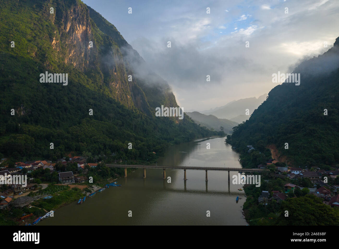 Aerial view of mountains and river Nong Khiaw. North Laos. Southeast ...