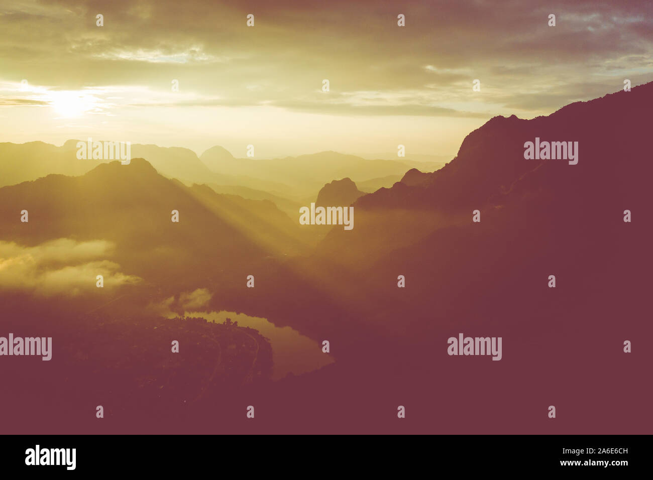 Aerial view of sunset in Nong Khiaw. North Laos. Southeast Asia. Photo ...