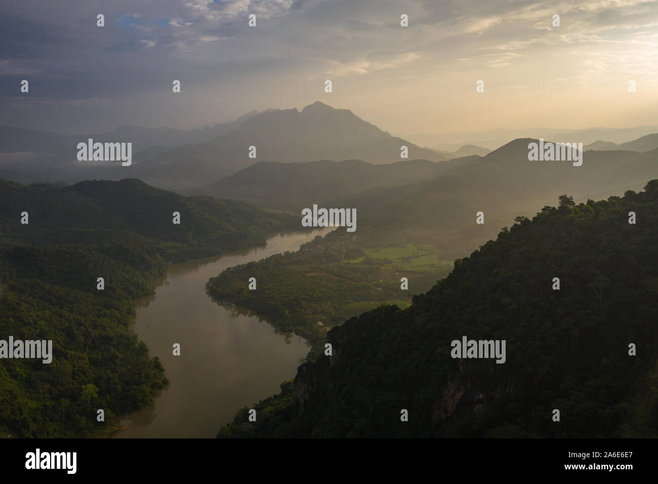Aerial view of mountains and river Nong Khiaw. North Laos. Southeast ...