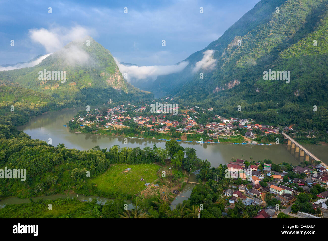 Aerial view of village of Nong Khiaw. North Laos. Southeast Asia. Photo ...