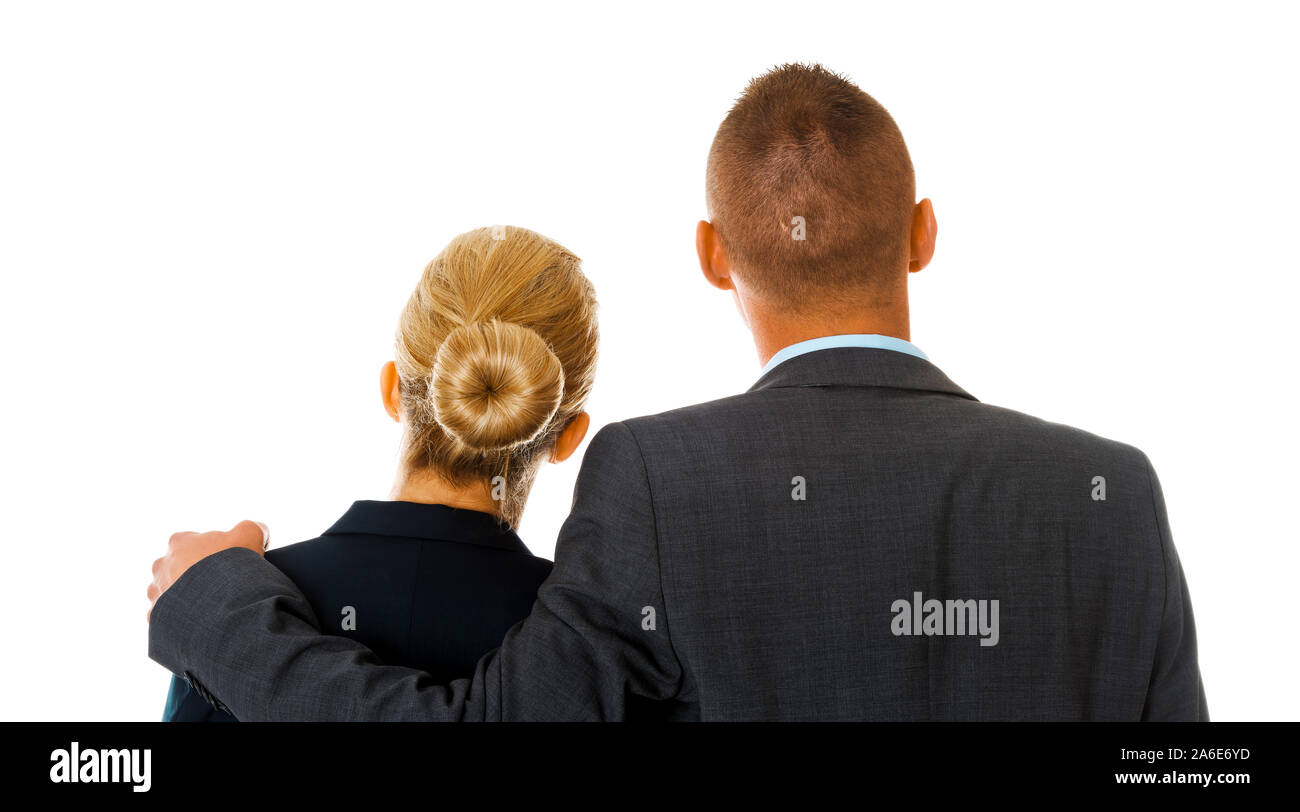 Back view of business people standing on white background and looking ...