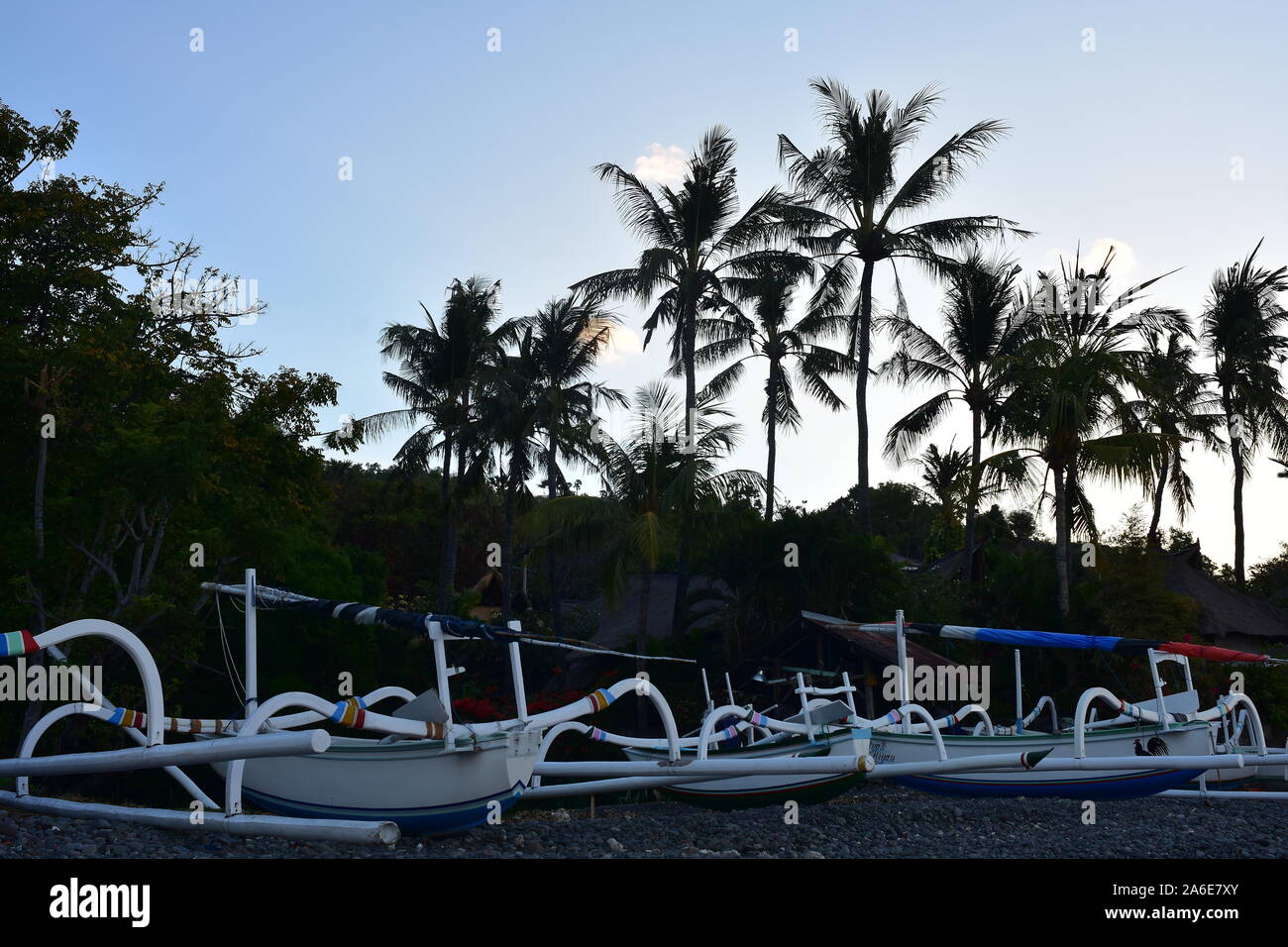 Traditional Indonesian boats with narrow hulls and bamboo floats on ...