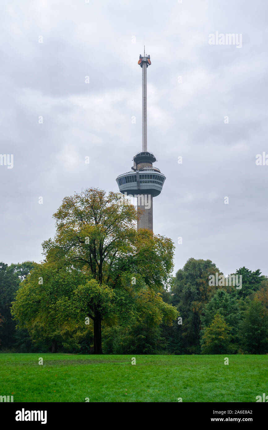 Euromast observation tower in Rotterdam, Netherlands. City park trees ...
