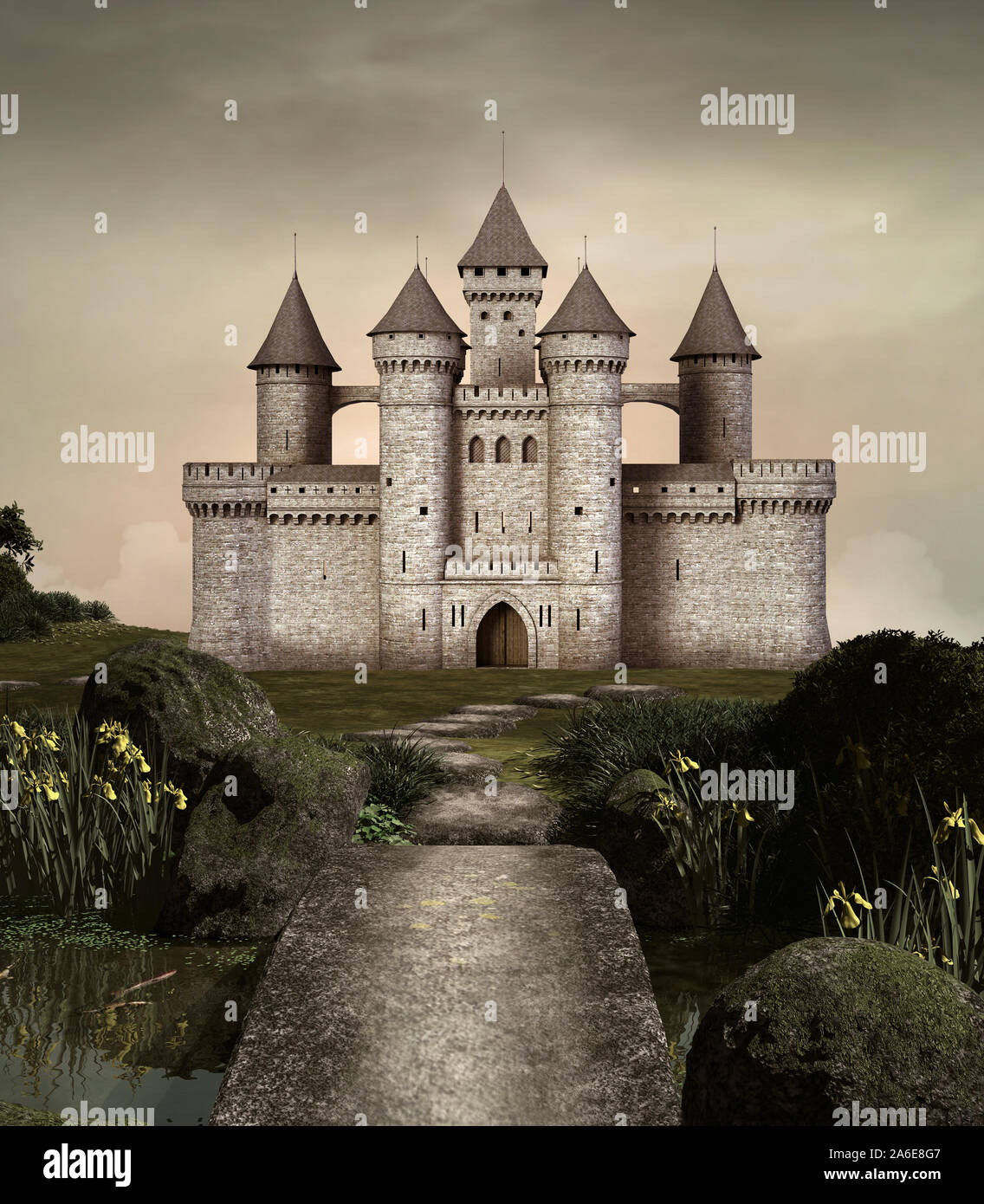 Footpath to the magic castle in an enchanted garden at sunset Stock ...