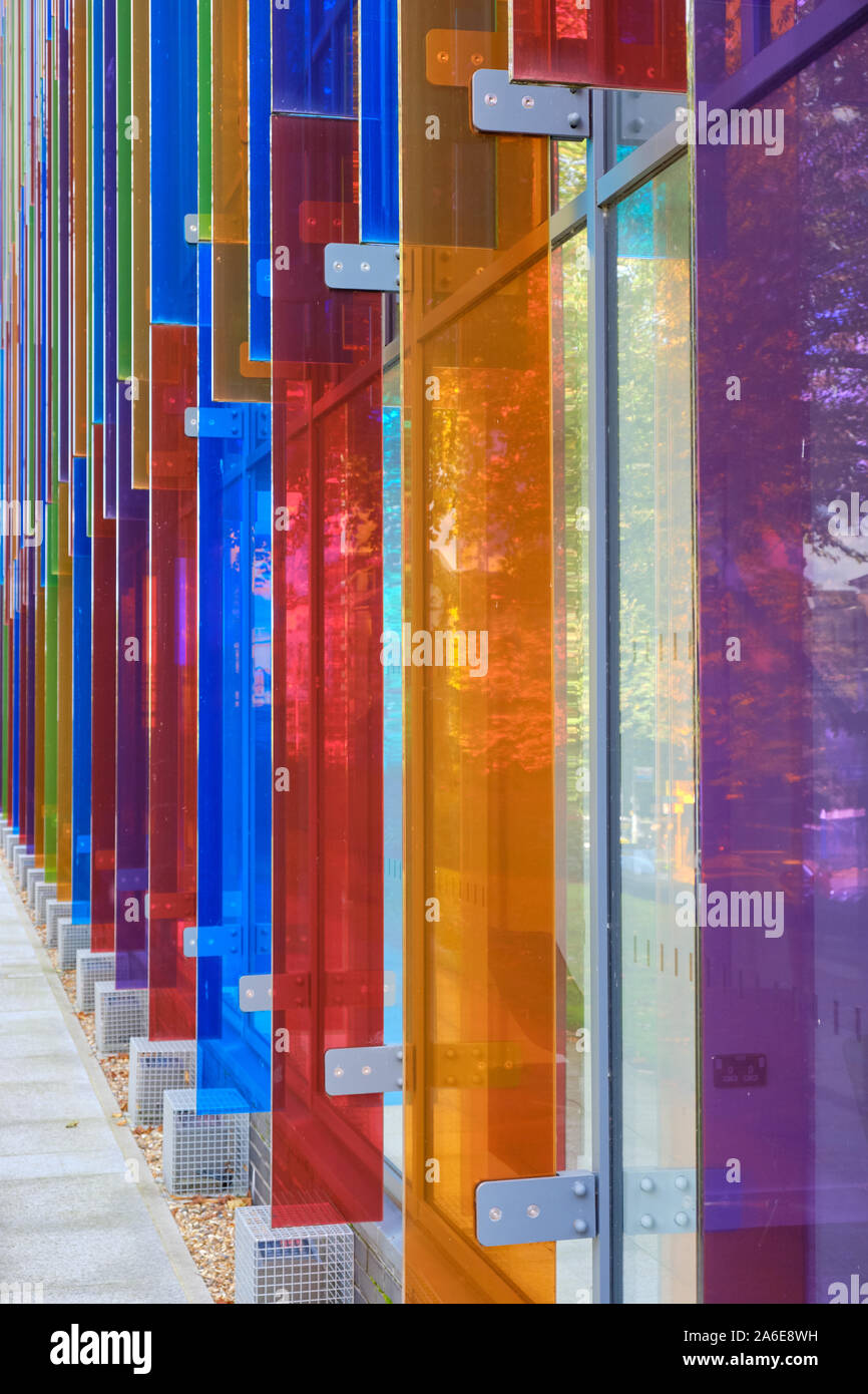 Close up of architectural feature of multi coloured vertical glass slat ...